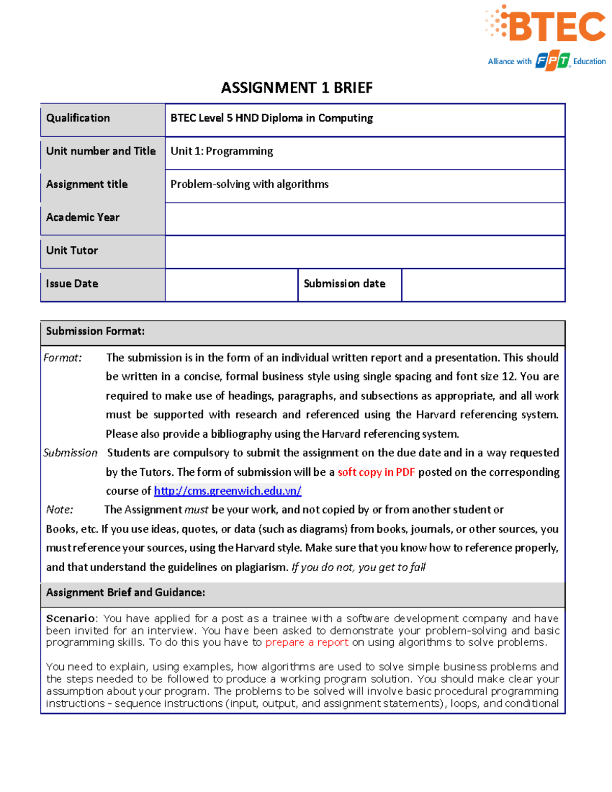 ASM1 Programing Done - Assignment 1 Programming - ASSIGNMENT 1 BRIEF ####### Qualification BTEC ...