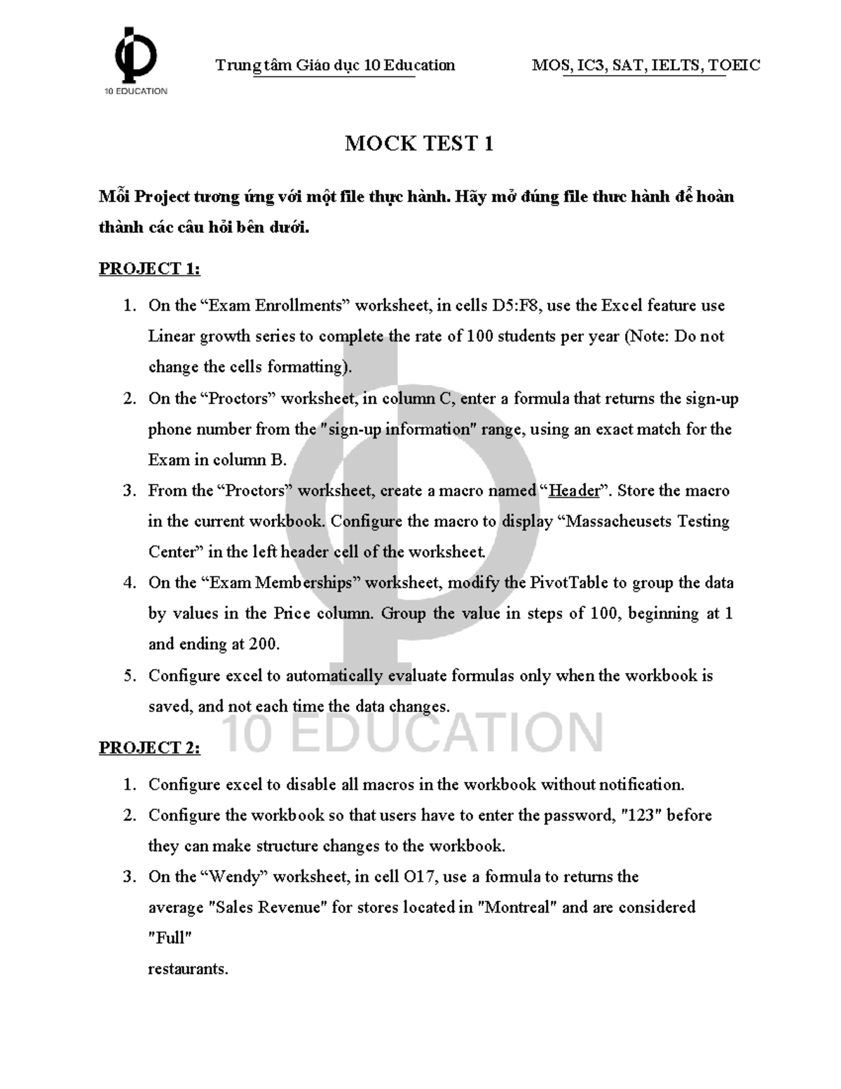 Mock Test 1 - Trung tâm Giáo dục 10: Excel Projects & Exercises - Studocu
