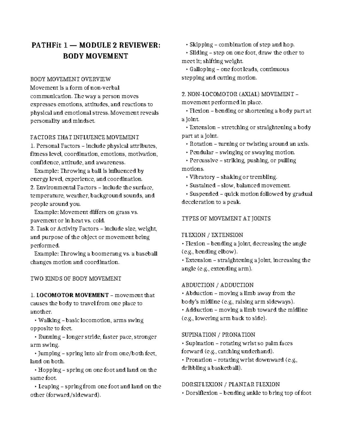 PATHFit 1 Module 2 Reviewer: Body Movement Overview and Factors - Studocu
