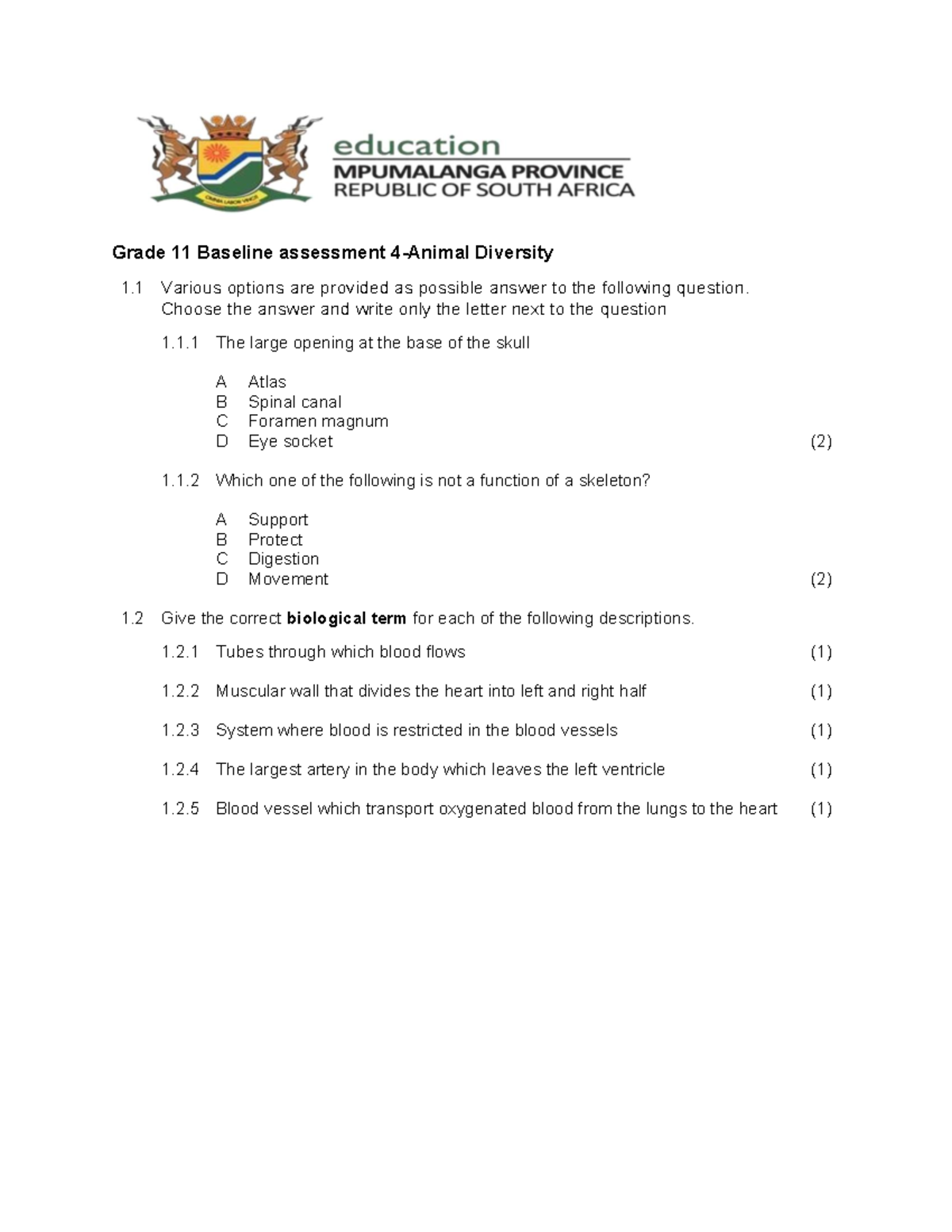 Grade 11 Baseline Assessment 4: Animal Diversity Questions - Studocu