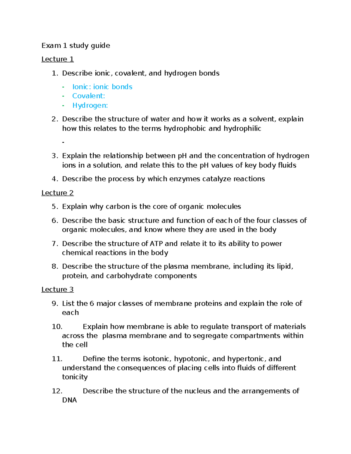 BIO101 Exam 1 Study Guide: Key Concepts & Lecture Summaries - Studocu