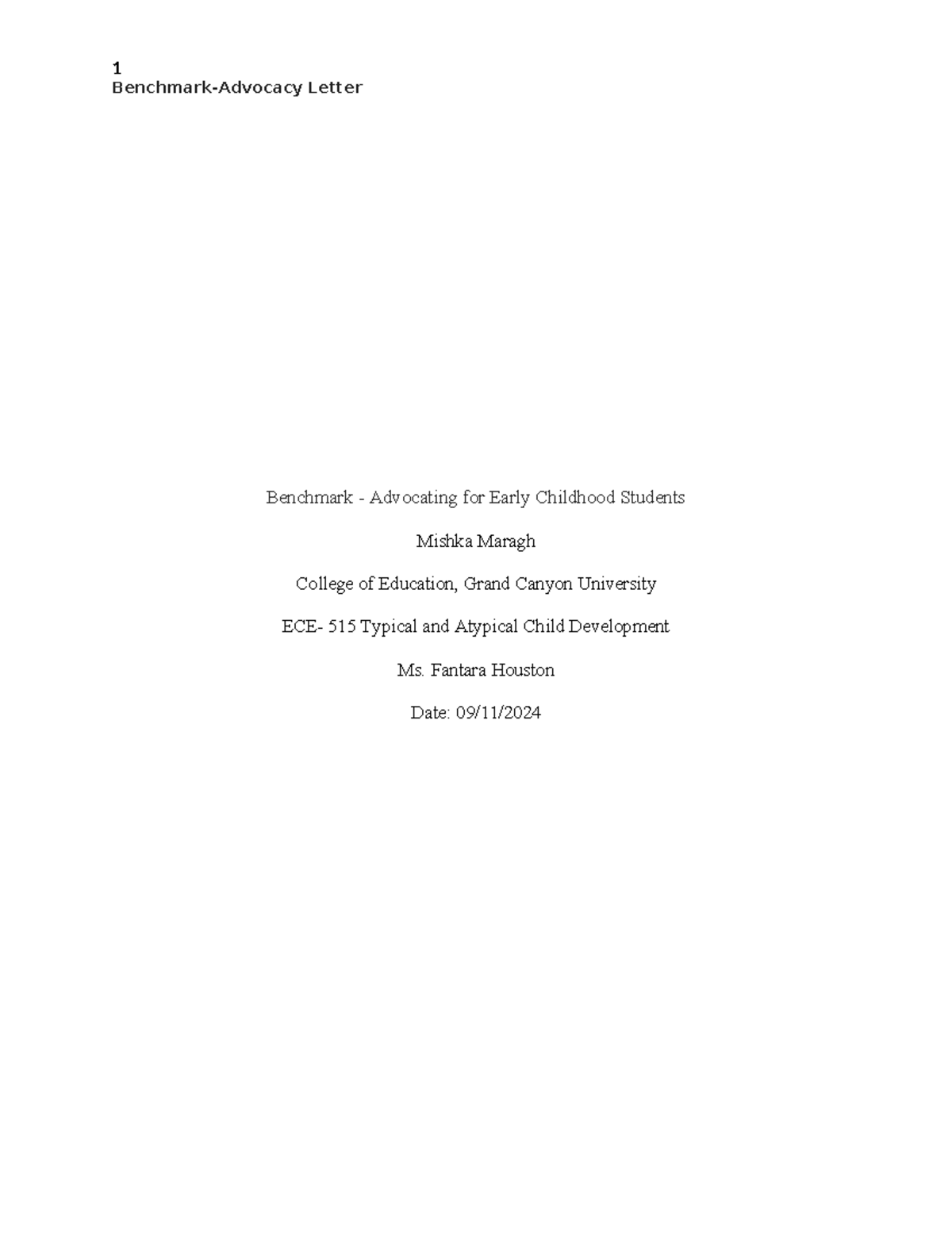 ECE-515 Benchmark Advocacy Letter: Early Childhood Intervention ...