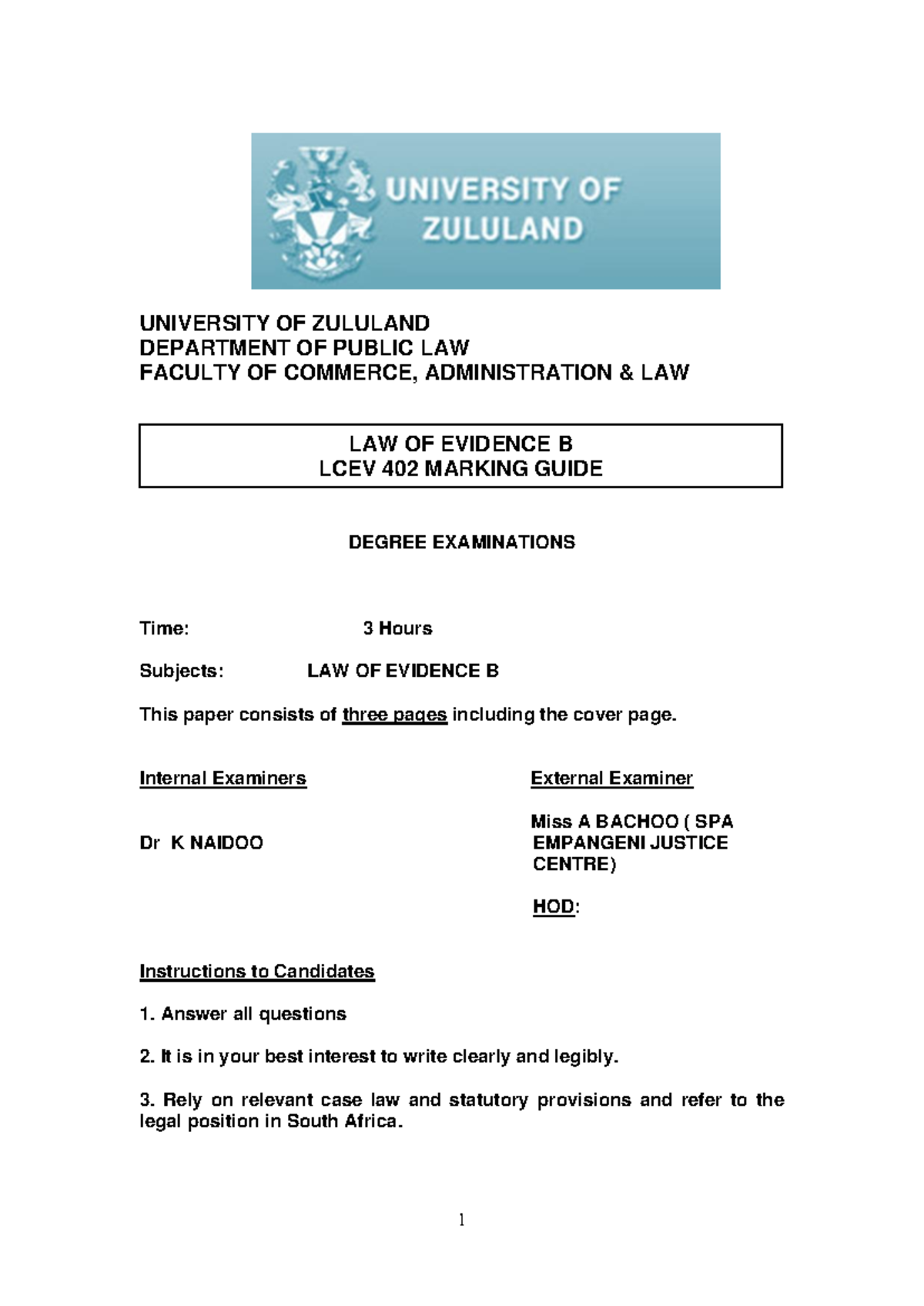 B LCEV 402 Law of Evidence Degree Exam Marking Guide - Studocu
