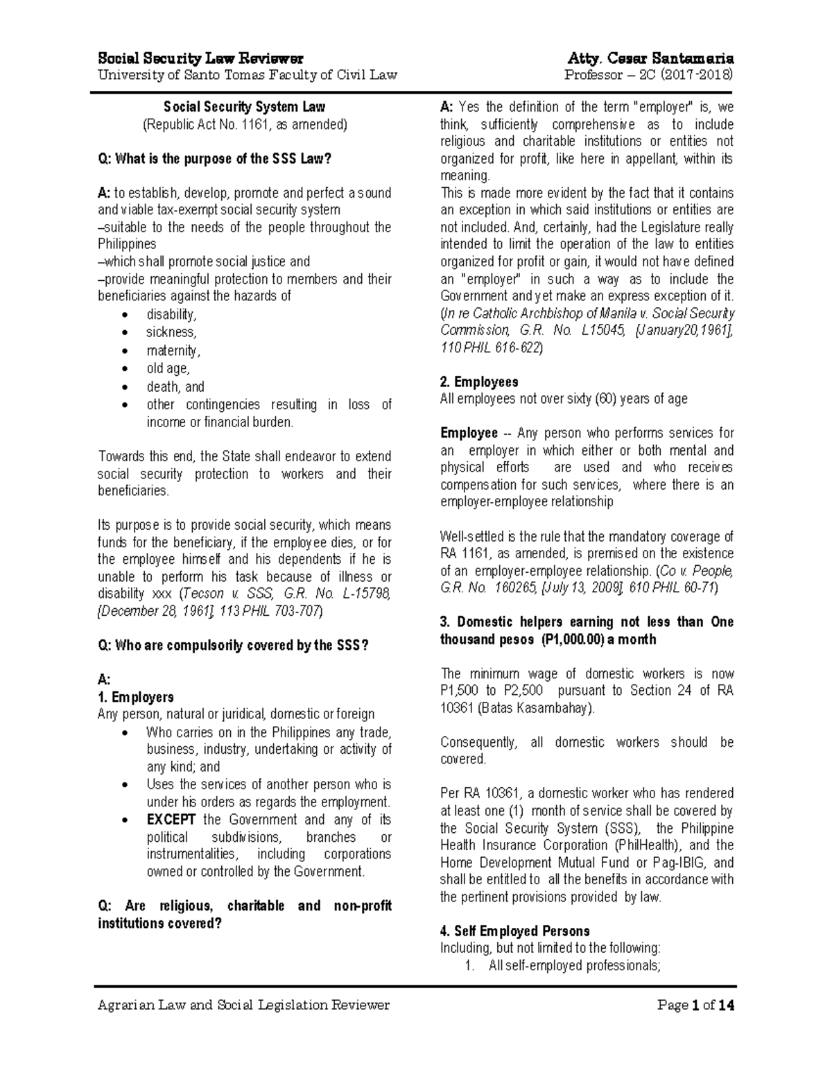 SSS Law Reviewer copy - University of Santo Tomas Faculty of Civil Law ...