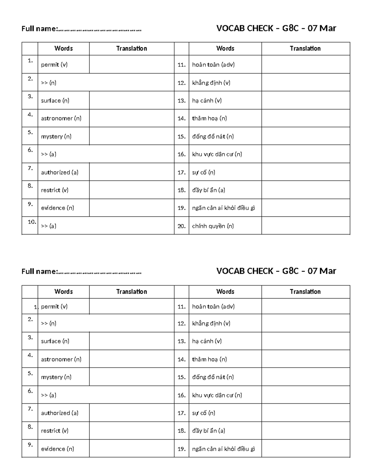 Vocab Check G8C 07 Mar: Full Words & Translations - Studocu