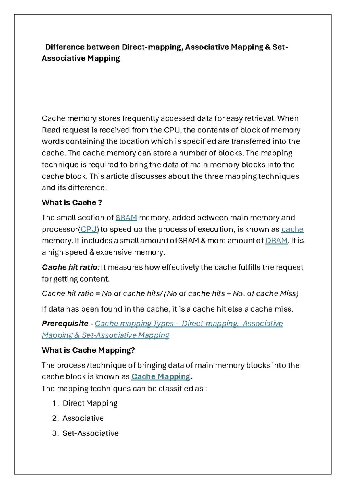 Cache Mapping Techniques: Associative vs Set-Associative Comparison - Studocu