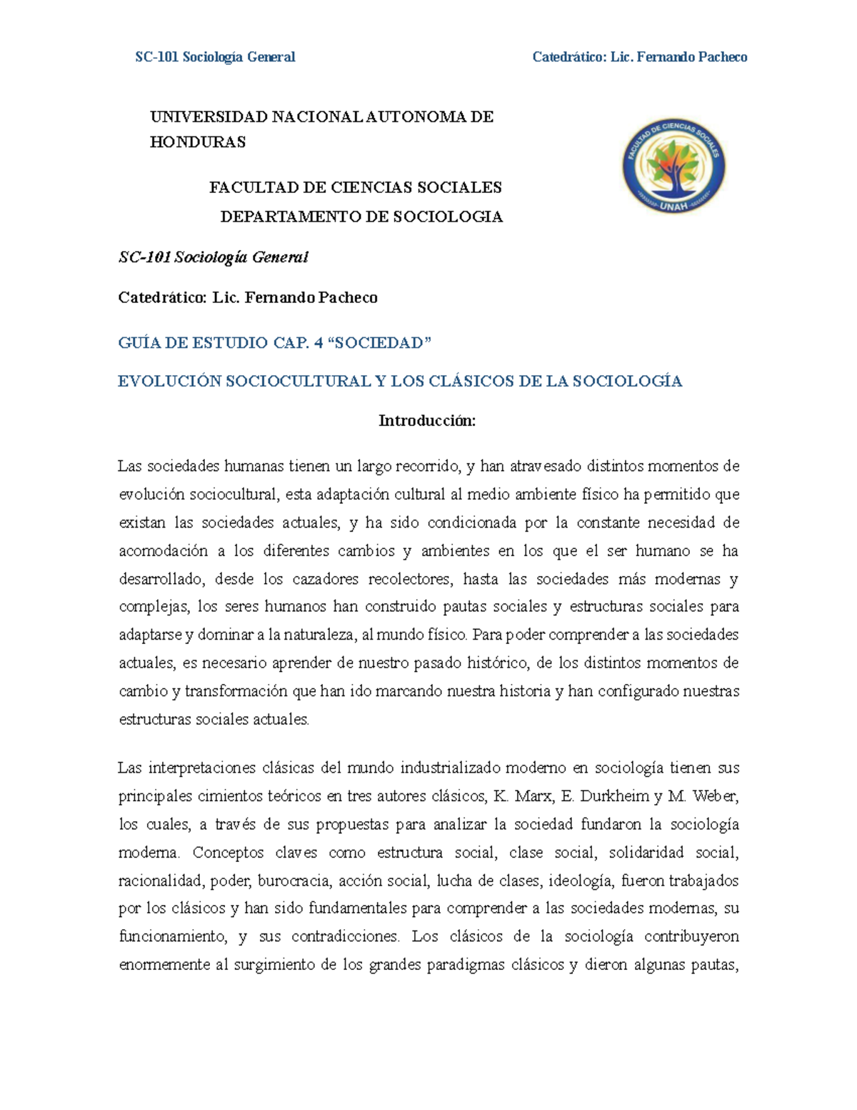 GUÍA DE Lectura Cap. 4 Evolución Sociocultural y los Clásicos de la Sociología - UNIVERSIDAD ...
