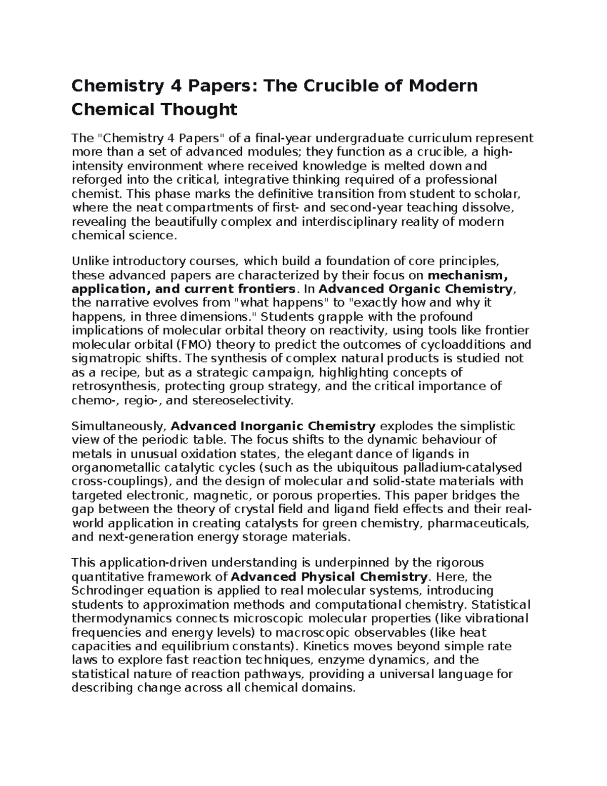 Chemistry 4 Paper 1: Advanced Concepts in Modern Chemical Science - Studocu