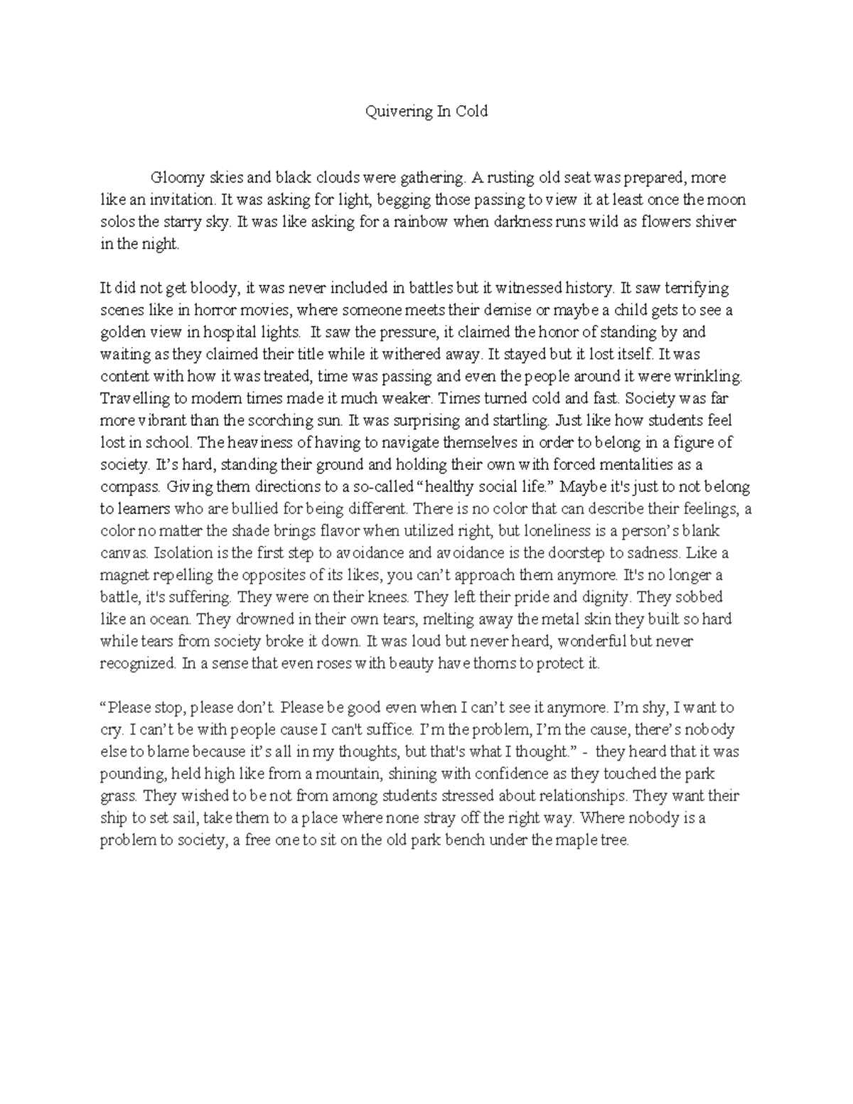 Quivering In Cold - A Reflection on Isolation and Belonging - Studocu