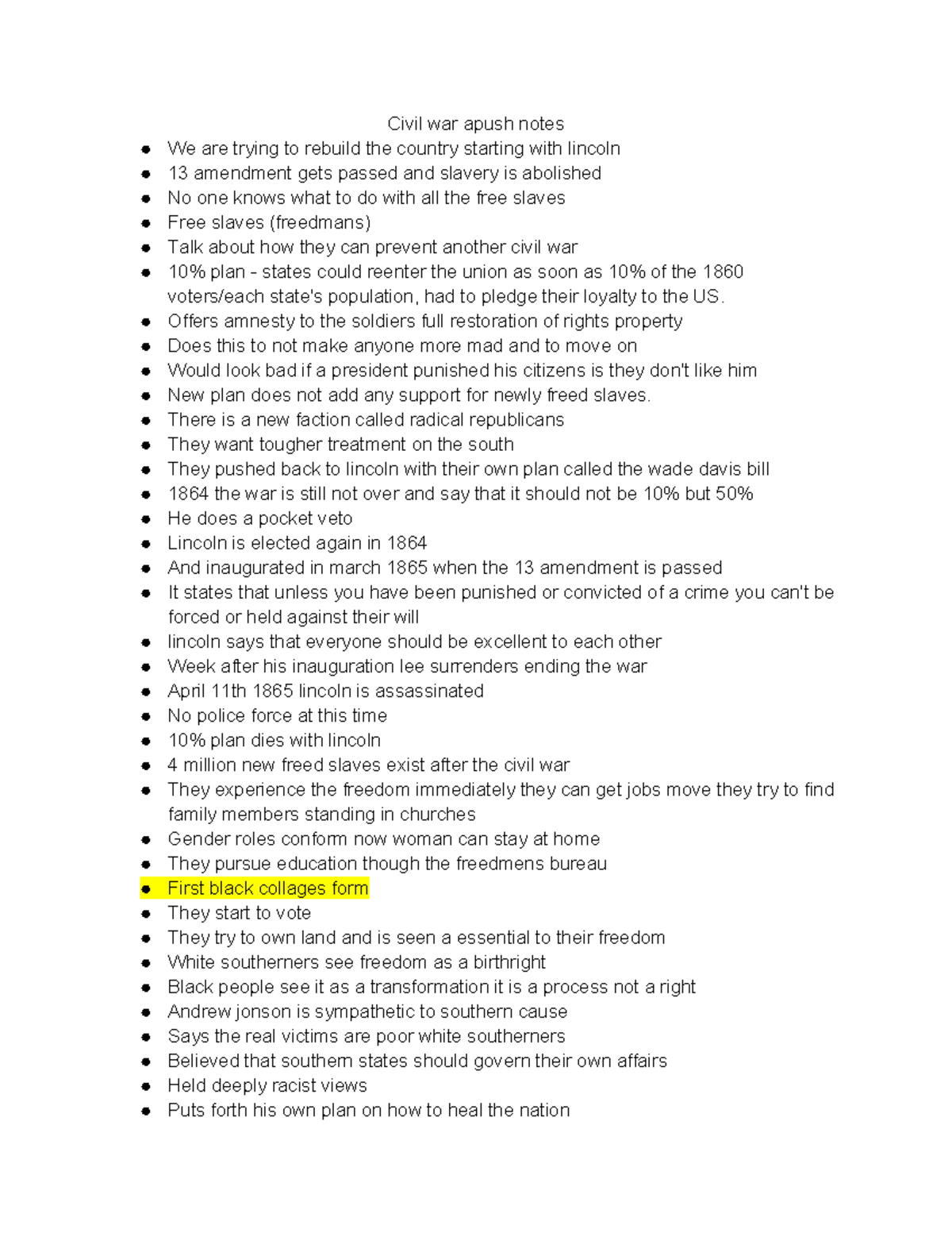 APUSH - Civil War Reconstruction Notes and Key Events Analysis - Studocu