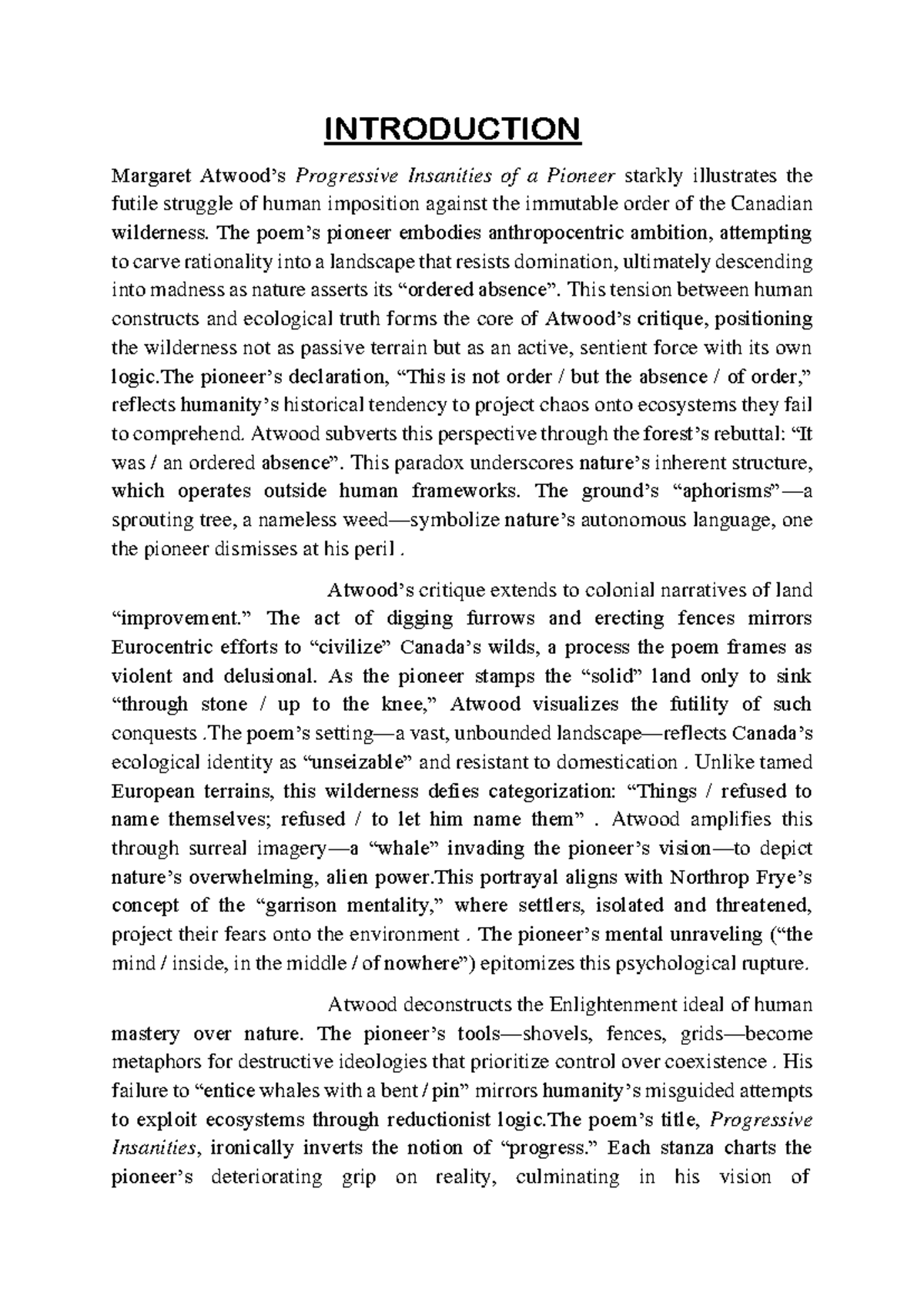 Final Exam Analysis of Margaret Atwood's "Insanities of a Pioneer ...