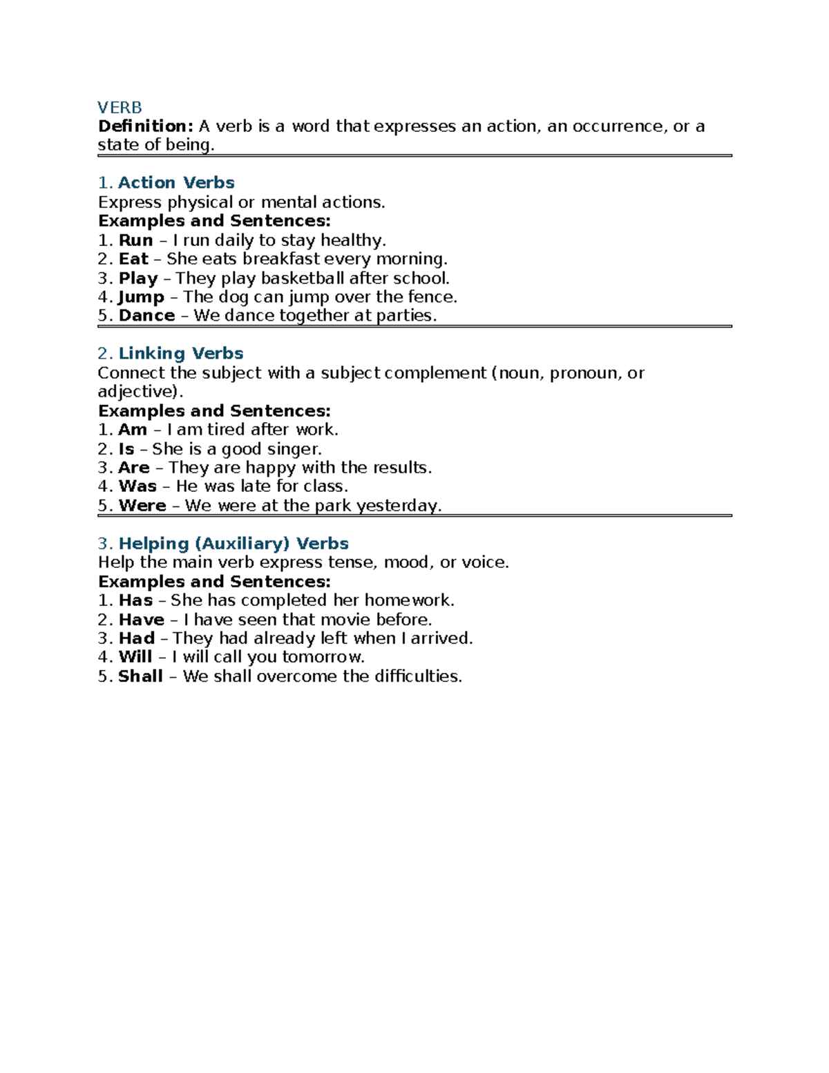 VERB - Comprehensive Guide to Action, Linking, and Helping Verbs - Studocu