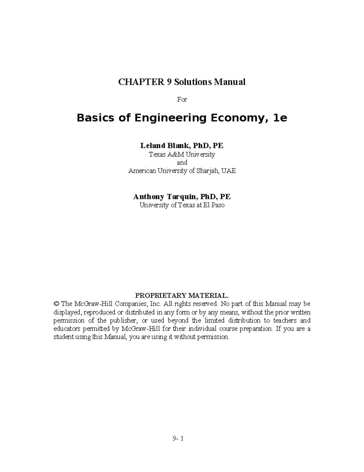 Pdfcoffee - Engineering Economy - CHAPTER 9 Solutions Manual For Basics of Engineering Economy ...