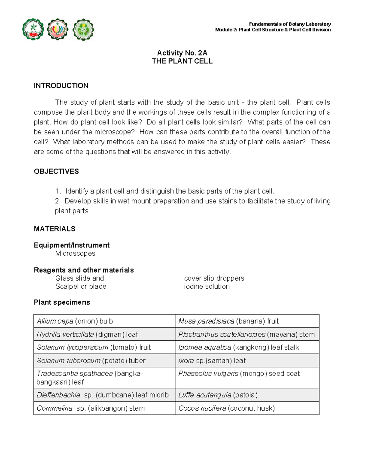 Activity 2: Plant Cell Structure & Division - Botany 101 - Studocu