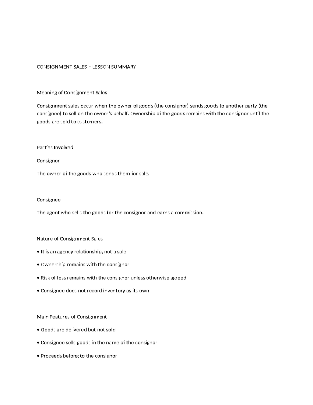 CONS 101: Consignment Sales Lesson Summary and Key Points - Studocu