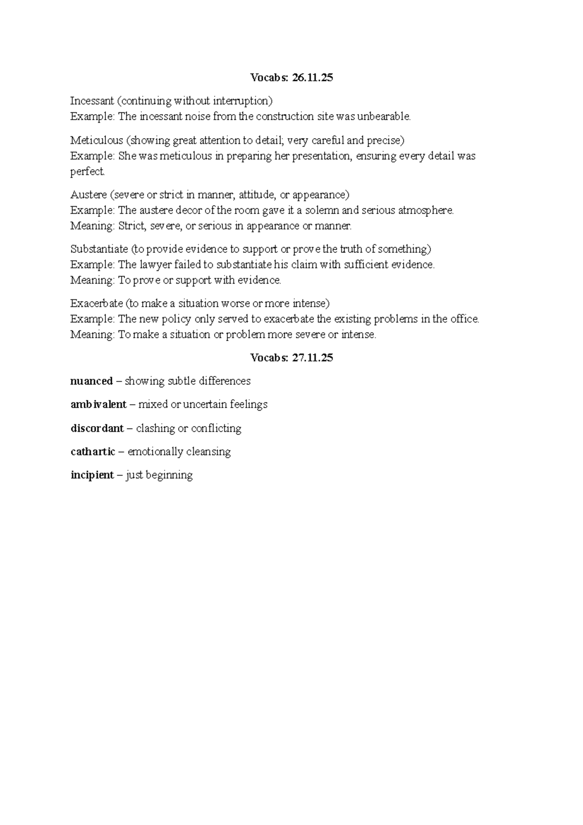 Vocab List: Key Terms & Definitions for 26.11.25 - 27.11.25 - Studocu