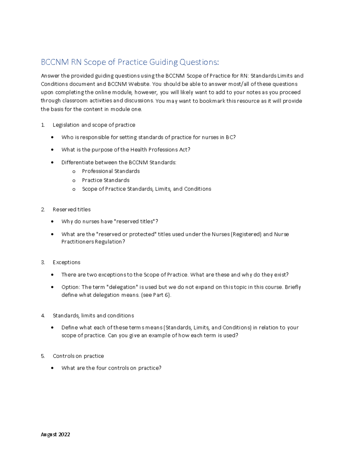 BCCNM RN Scope of Practice: Guiding Questions for Assignment 2 Term 1 ...