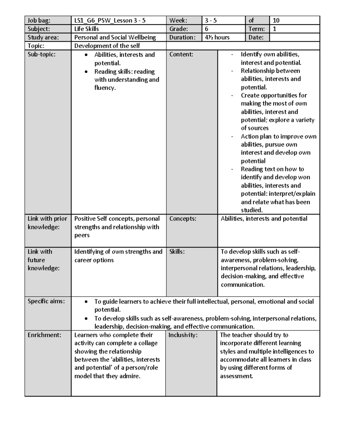 LS1 G6 PSW Lesson 3: Developing Life Skills & Personal Potential - Studocu