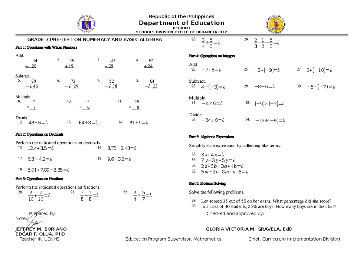 Grade 7 Numeracy Pre-Test: Operations & Basic Algebra - Studocu