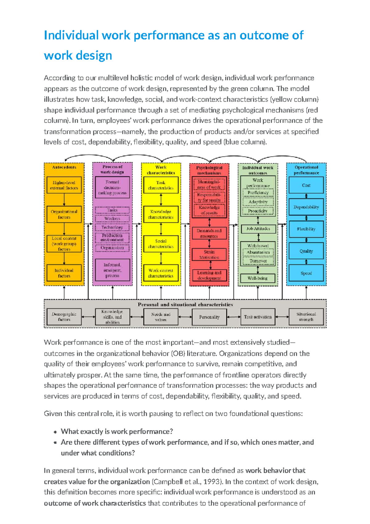 Chapter on Individual Work Performance and Work Design - Studeersnel