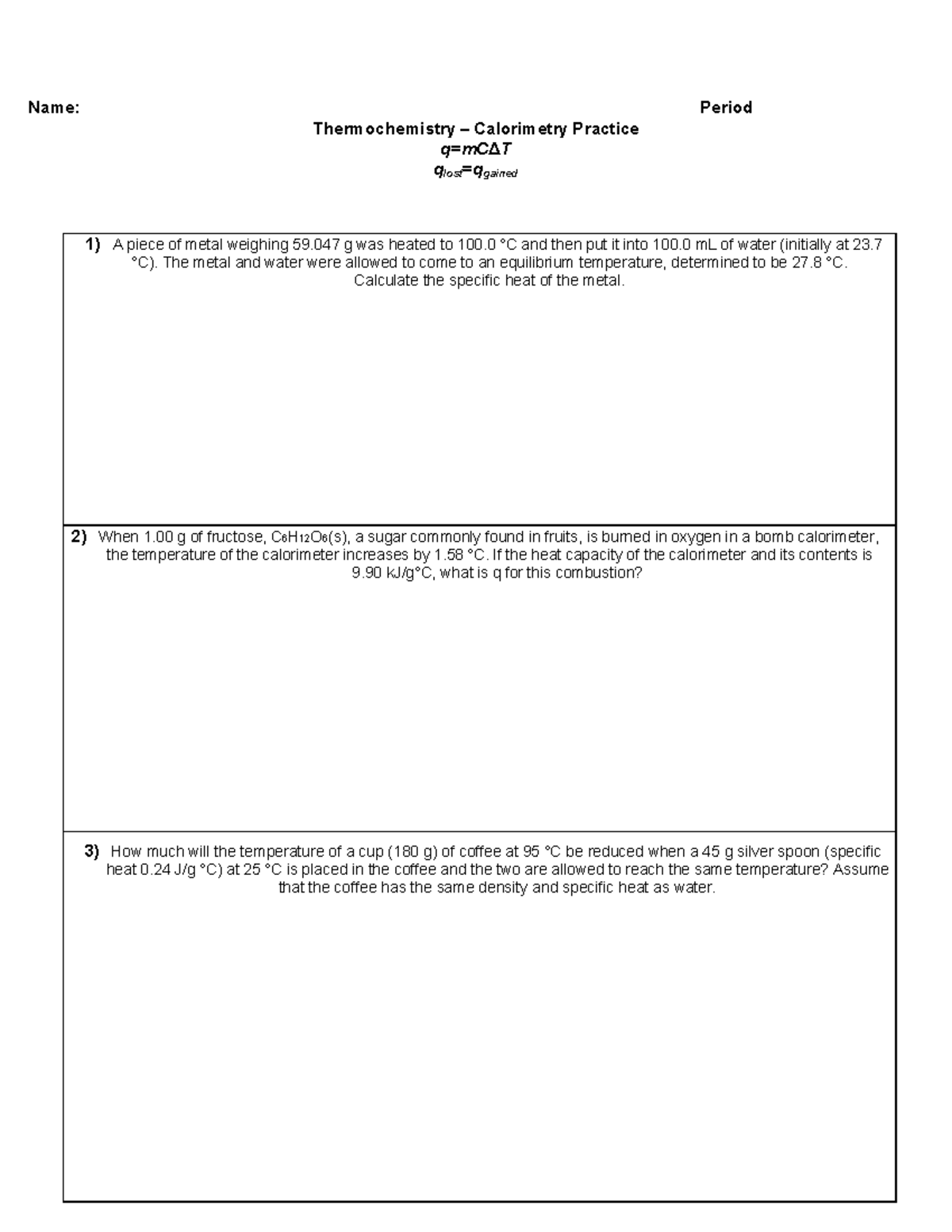 Unit 7 Thermochemistry - Calorimetry In-Class Practice Exercises - Studocu