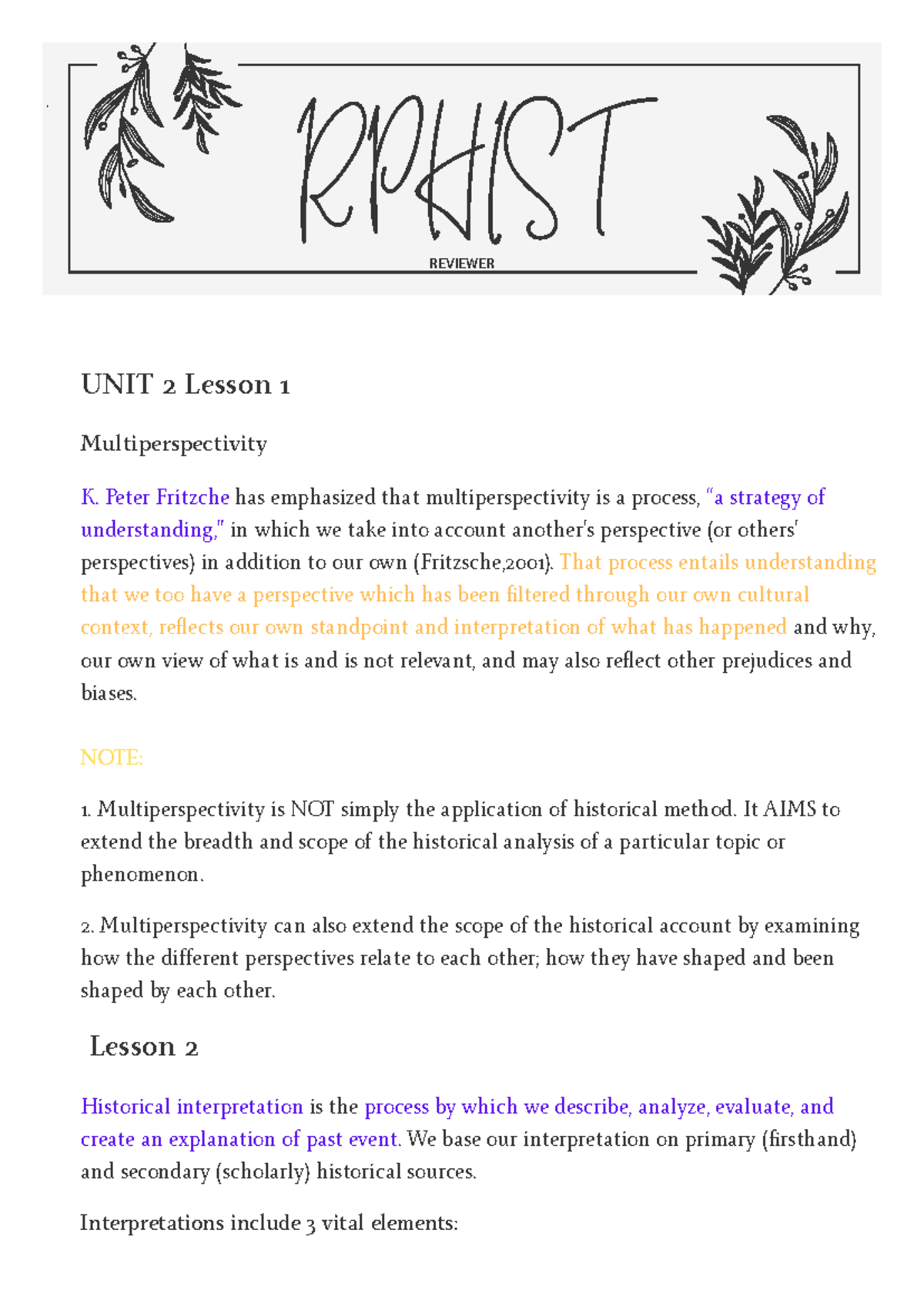 reading philippine history - UNIT 2 Lesson 1 Multiperspectivity K ...
