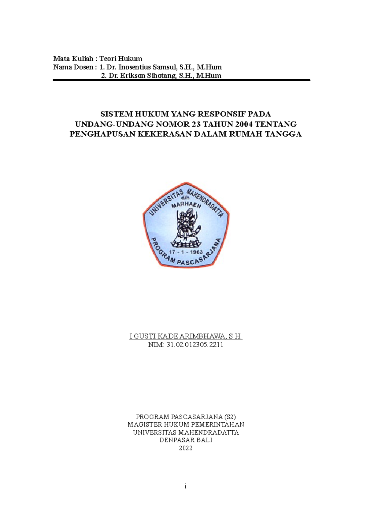 Teori Hukum I: Analisis Responsif UU No. 23/2004 tentang KDRT - Studocu