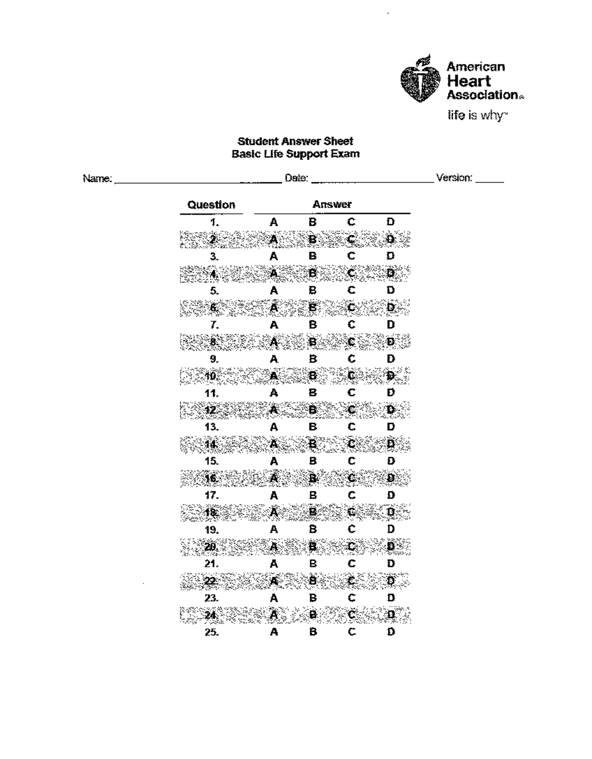 BLS 101: Student Answer Sheet for Basic Life Support Exam - Studocu