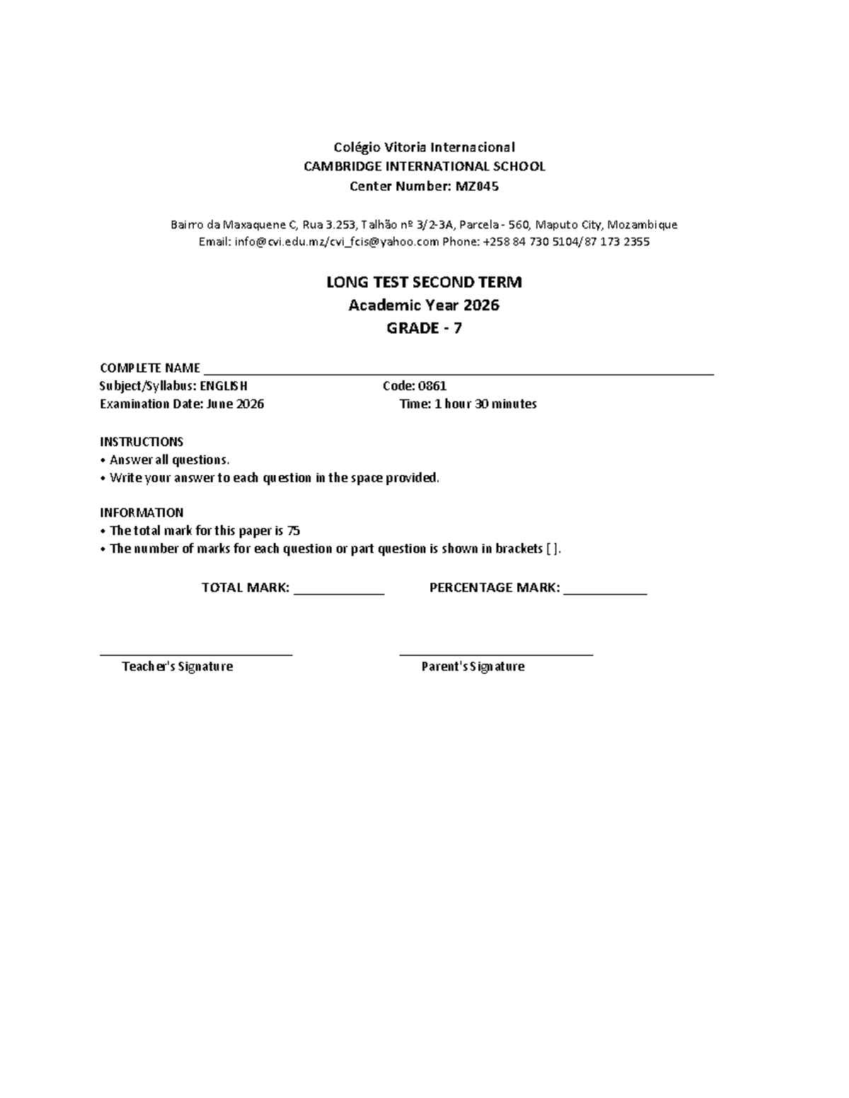 English Grade 7 Long Test: Winter Wonderland Experience - Studocu