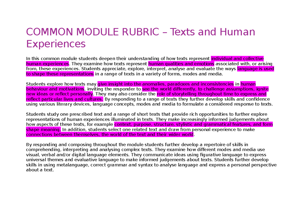 COMMON MODULE RUBRIC: Texts & Human Experiences Analysis - Studocu