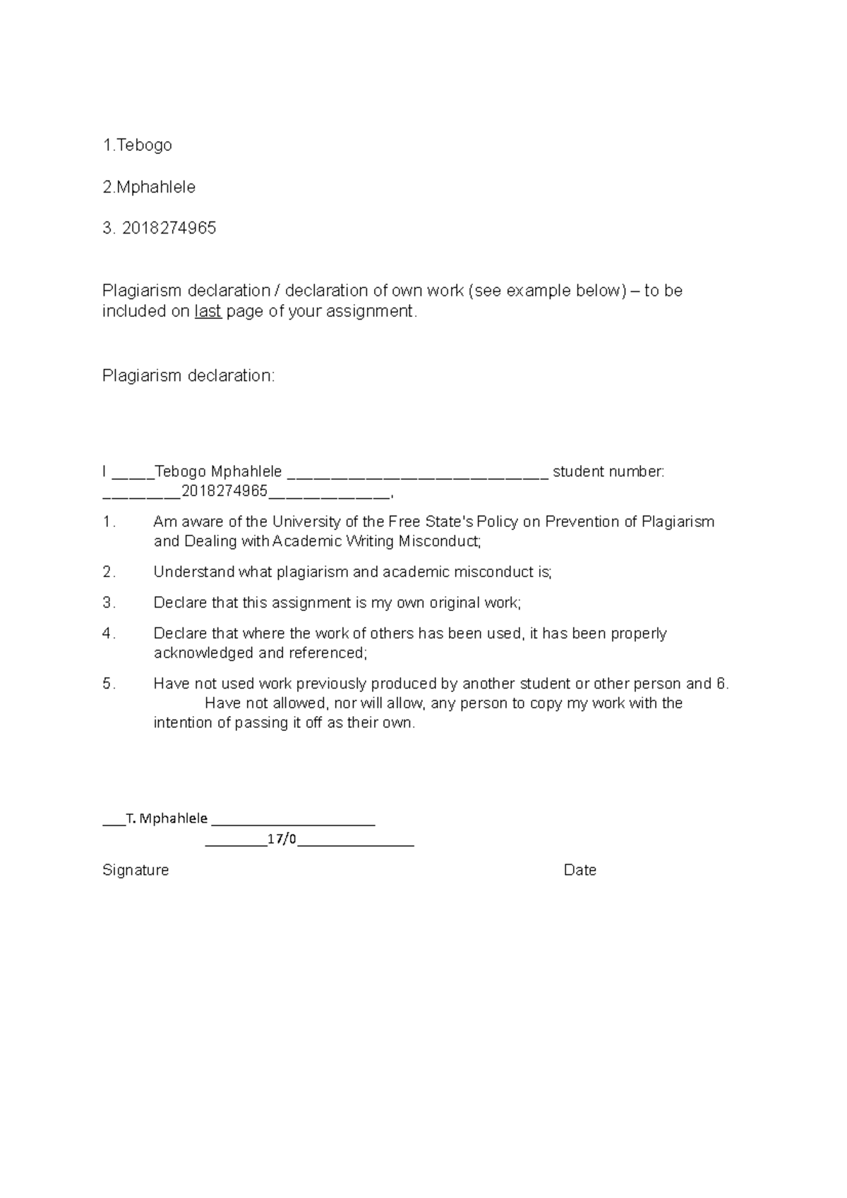 African Customary Assignment 1 - 1 2 2018274965 Plagiarism declaration / declaration of own work ...