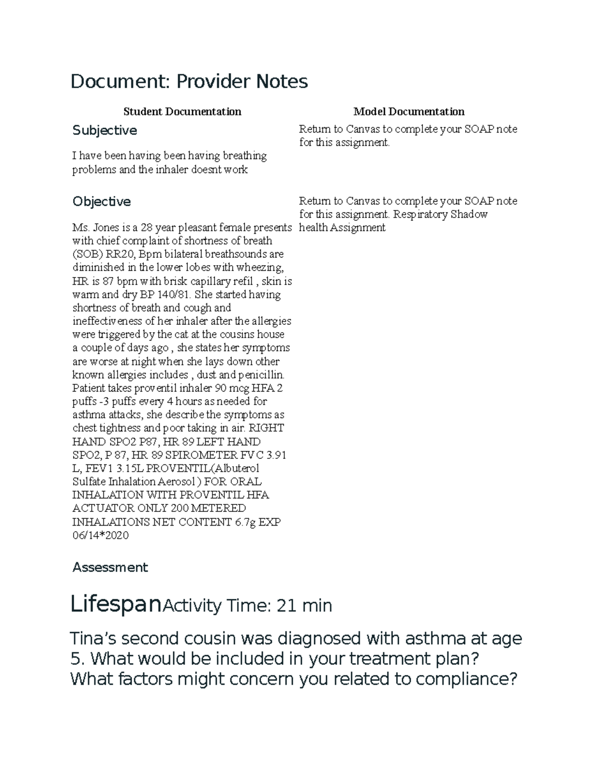 Tina Jones Respiratory Documentation - Document: Provider Notes Student ...