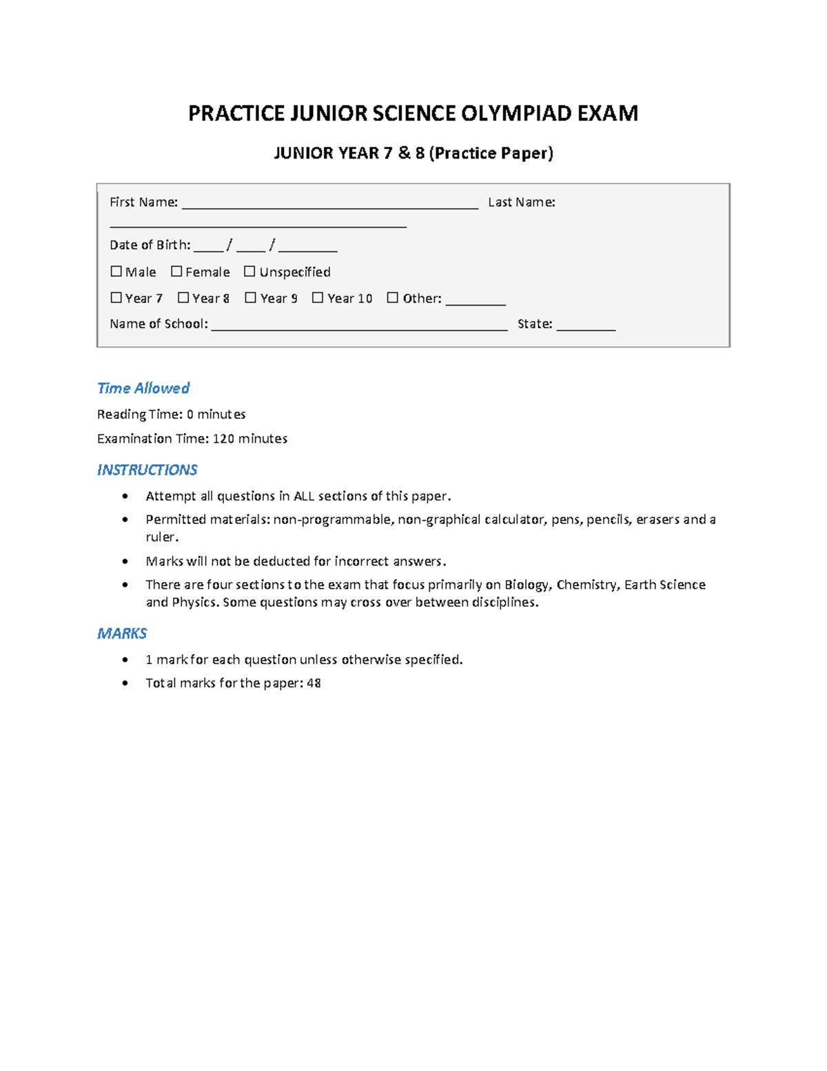 JSO Practice Exam for Junior Science Olympiad Years 7-8 - Studocu