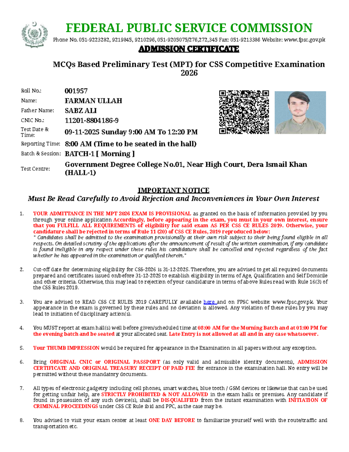 CSS Competitive Exam 2026: MPT Admission Certificate & Guidelines - Studocu