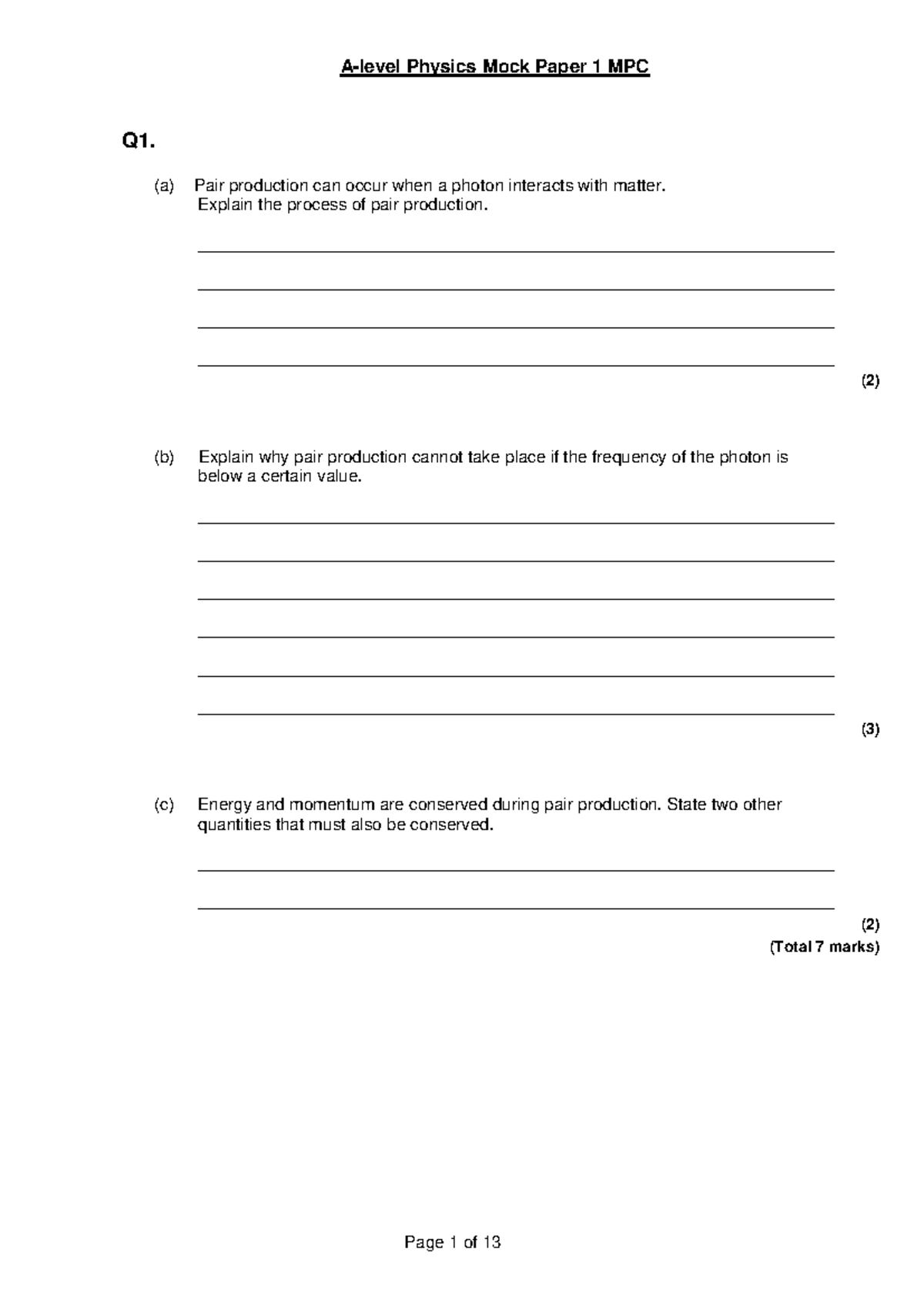 A-level Physics Mock Paper 1 - Comprehensive Worksheets - Studocu