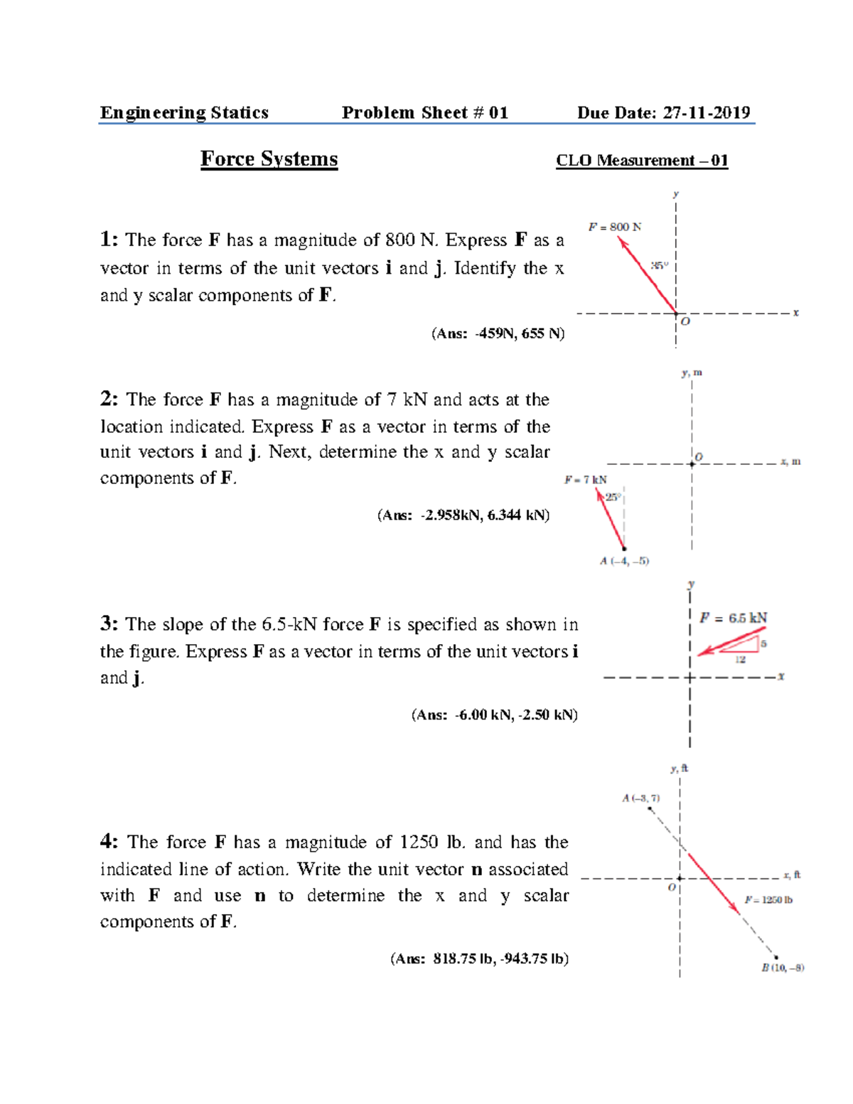 Engineering Statics Problem Sheet #01 (Force Systems) Solutions - Studocu