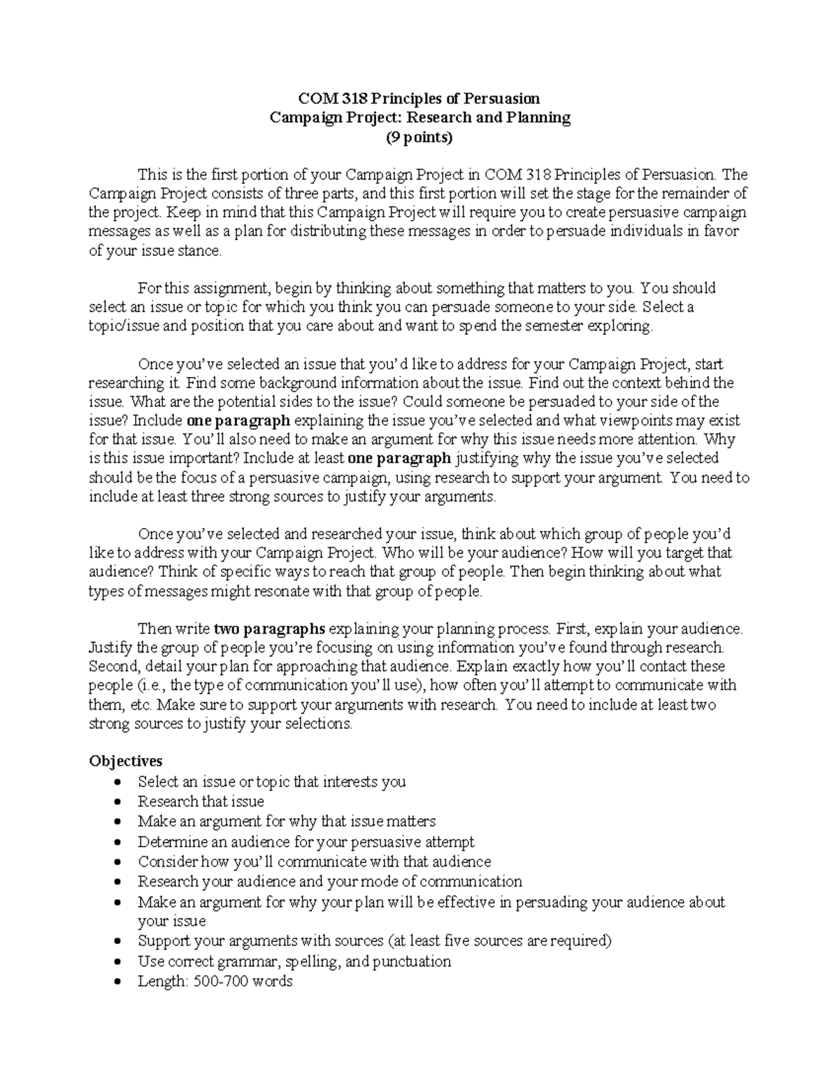 Campaign Project Research and Planning - COM 318 Principles of ...