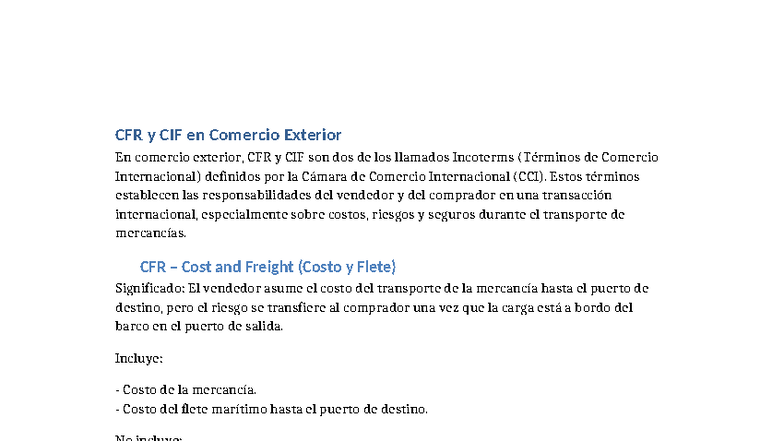 Incoterms 2020: CFR y CIF en Comercio Exterior - Studocu
