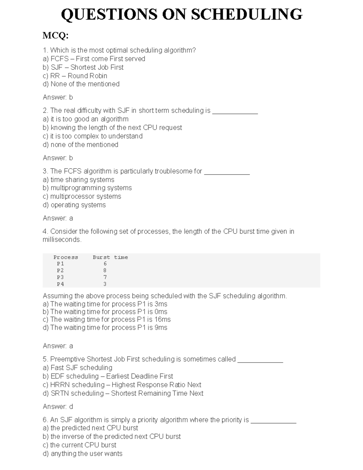 Scheduling - QUESTIONS ON SCHEDULING MCQ: Which is the most optimal scheduling algorithm? a ...