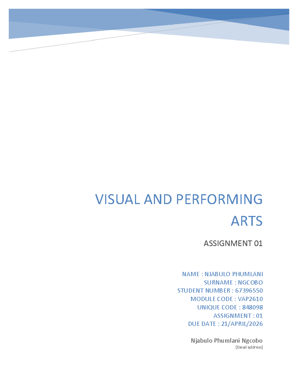 VAP2610 ASSIGNMENT 01: Inspiring Creativity in Art Education - Studocu