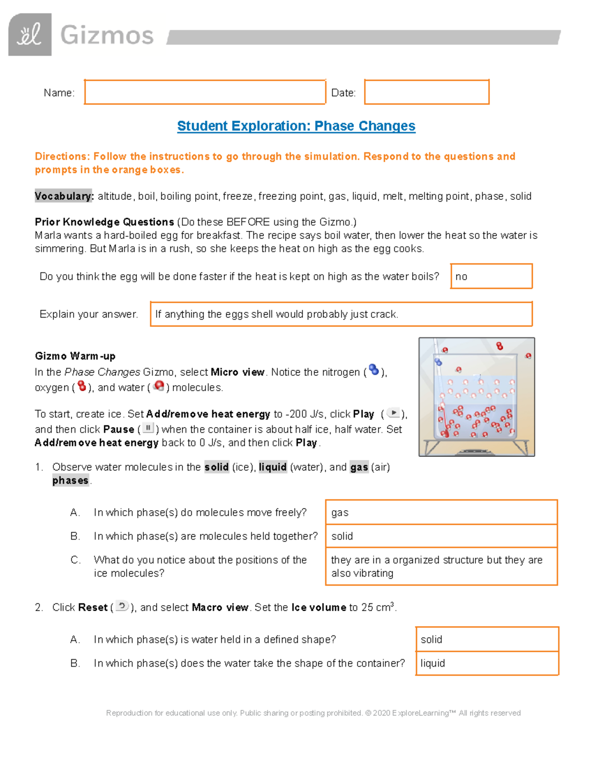 Phase Changes SE: Student Exploration Guide for Gizmo Simulation - Studocu