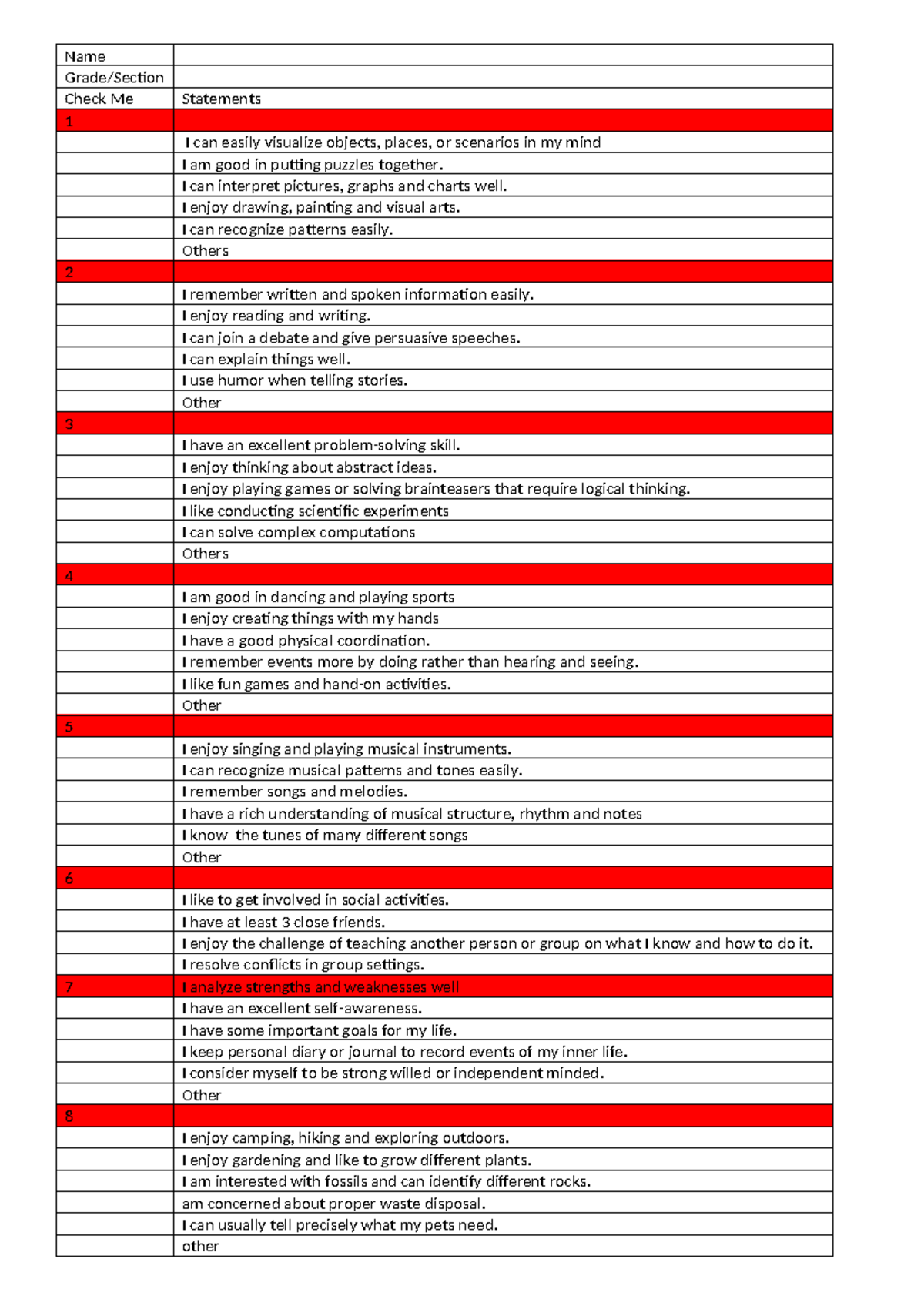 Multiple Intelligences Survey: Name Check Me Statements - Studocu