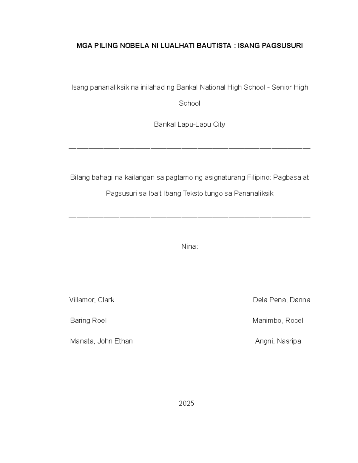 MGA PILING NOBELA NI LUALHATI BAUTISTA: ISANG PAGSUSURI (FIL 2025) - Studocu