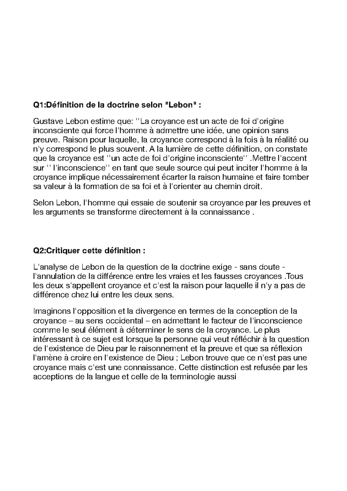Q1-Q3: Analyse de la doctrine de la croyance selon Gustave Lebon - Studocu