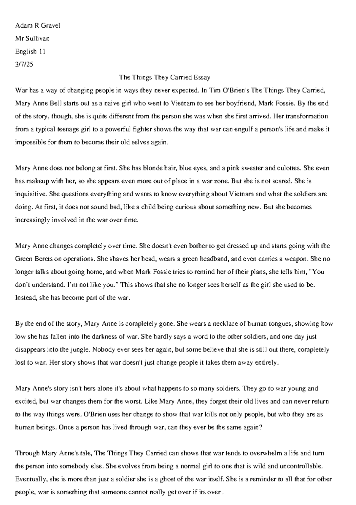 English 11 Final Essay: Transformation in The Things They Carried - Studocu