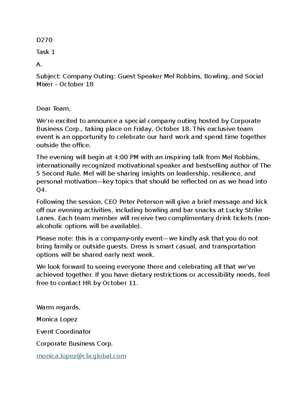 D270 Task 1 - Inclusive Email Invitation for Company Outing - Studocu