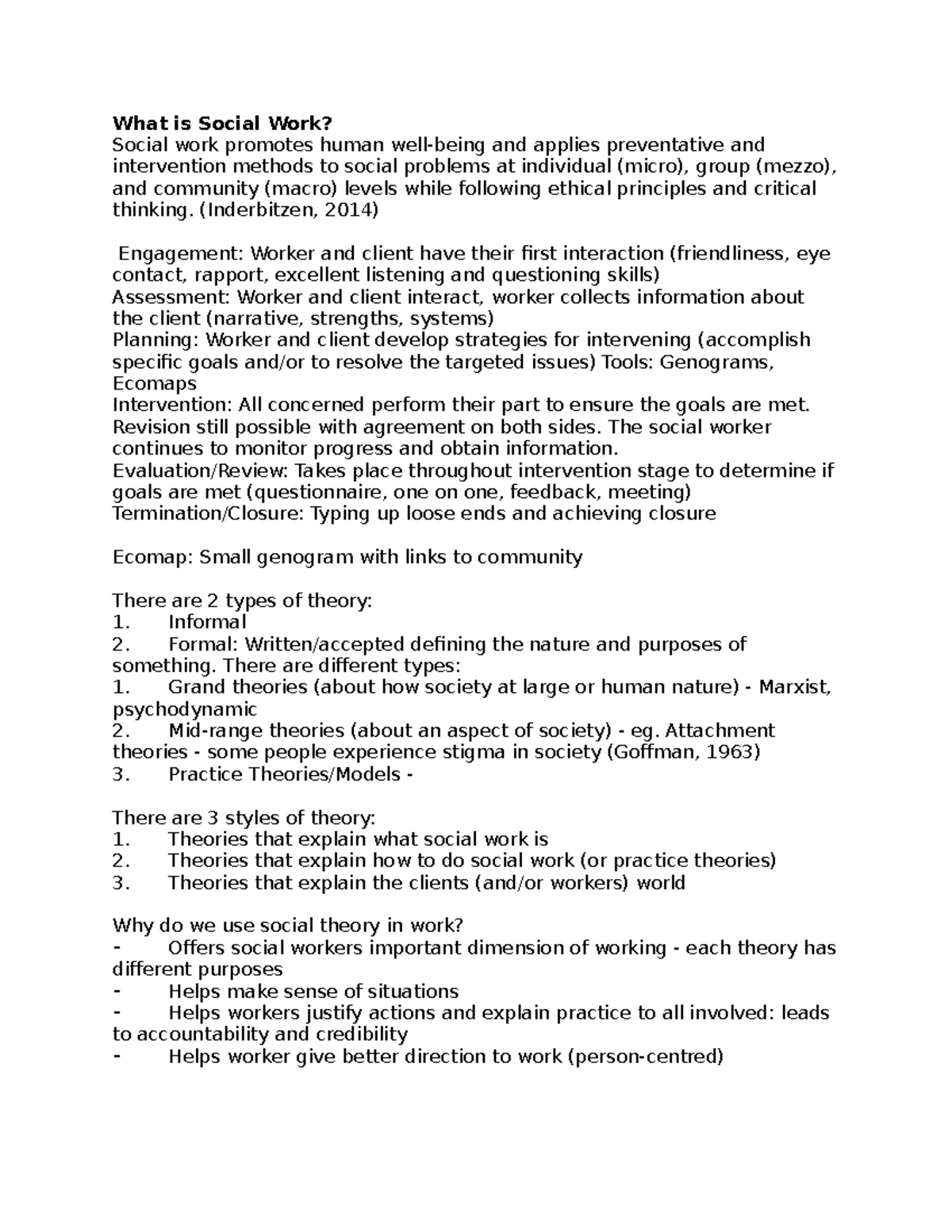 SWK101 Week 2 Lecture Notes: Overview of Social Work Theories & Models ...