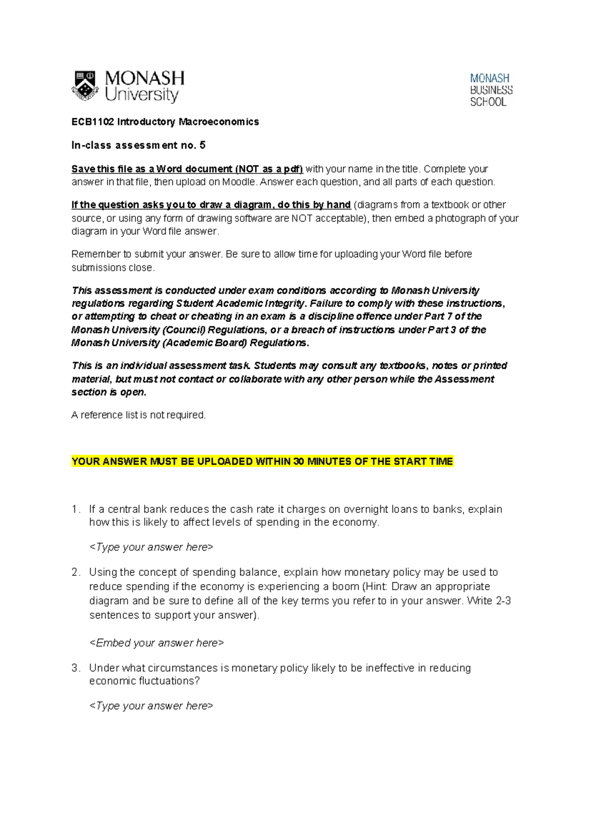 ECB1102 In-Class Test 5: Intro to Macroeconomics Assessment Guide - Studocu