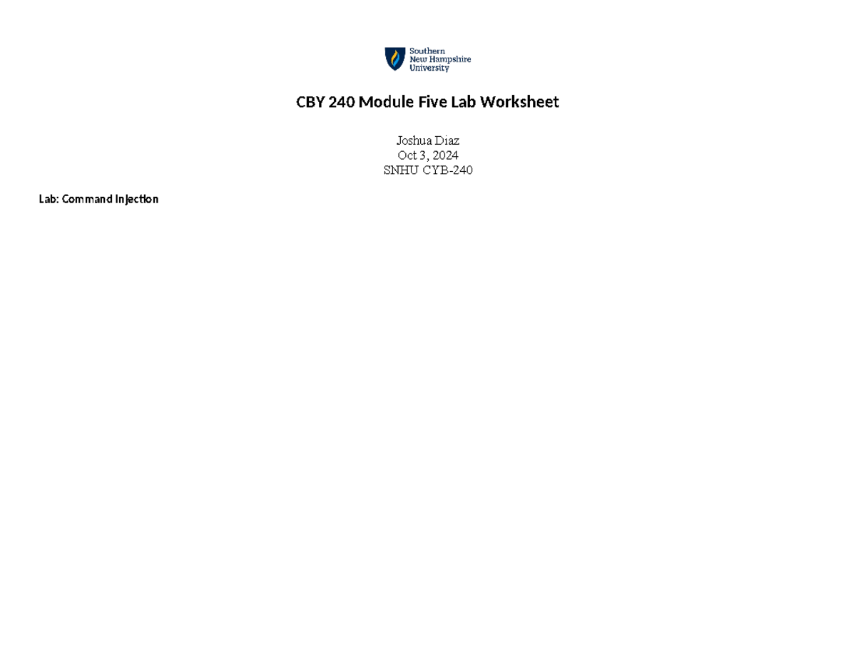 CYB 240 Module 5 Lab: Command Injection Worksheet by Joshua Diaz - Studocu