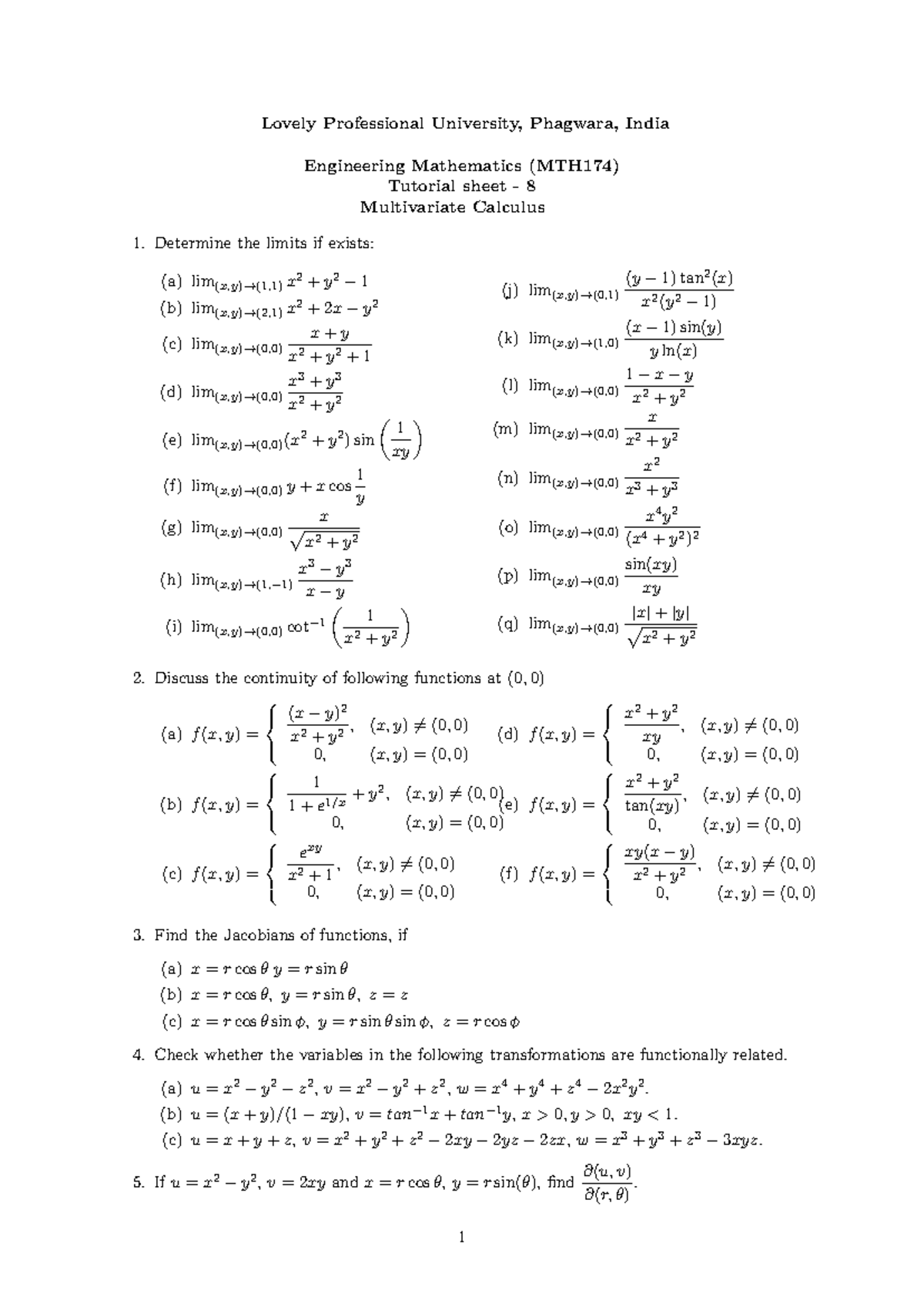 MTH174 Tutorial Sheet 8: Multivariate Calculus Problems - Studocu